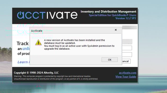 Resolving "You must log in as an active user with SysAdmin permissions to upgrade the database."